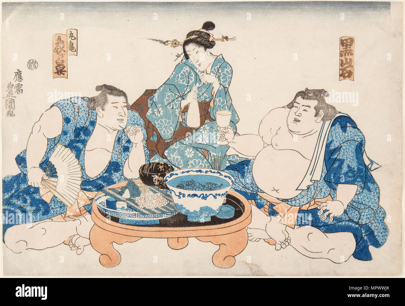 Sumo Wrestlers Kuroiwa and Zogahana with a geisha, ca 1845 Stock Photo ...
