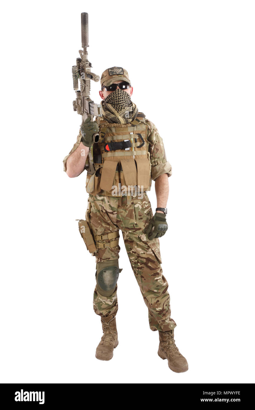 special forces operator with assault rifle on white background Stock ...
