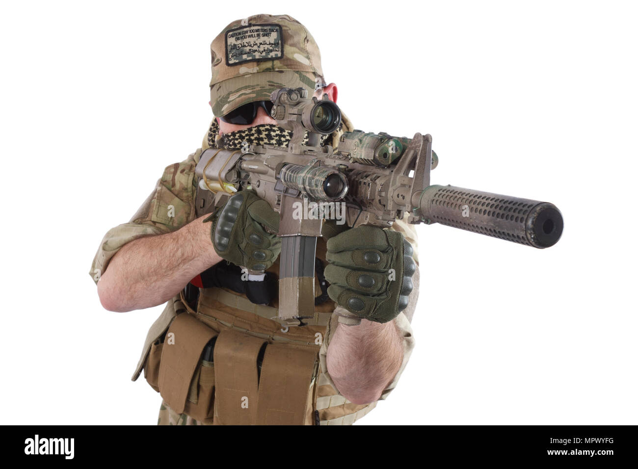 special forces operator with assault rifle on white background Stock ...