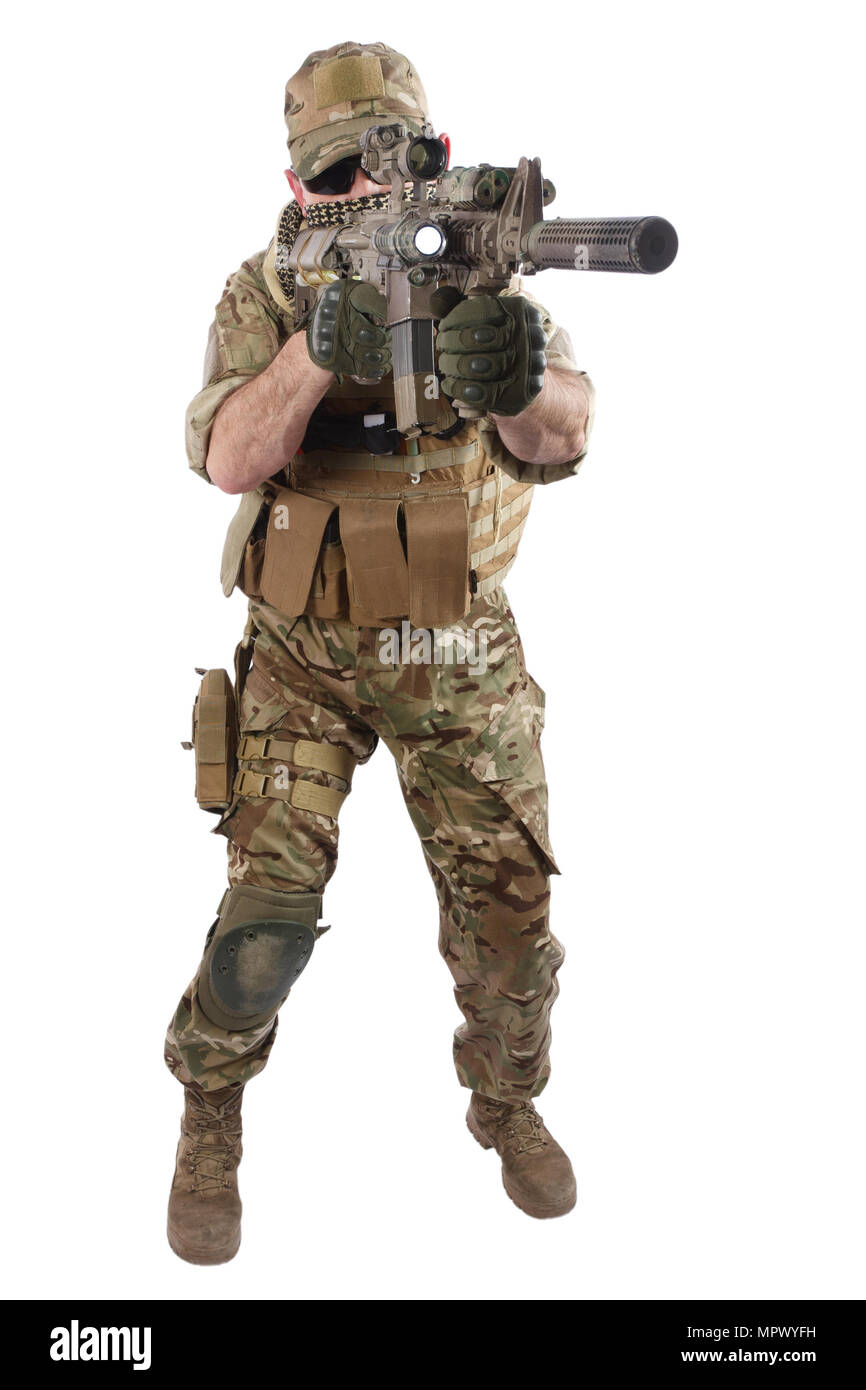 special forces operator with assault rifle on white background Stock ...