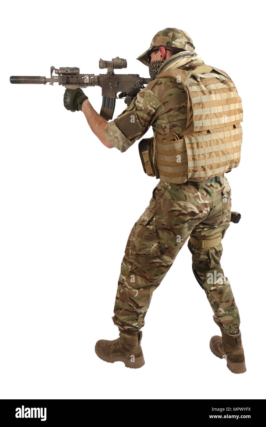 special forces operator with assault rifle on white background Stock ...