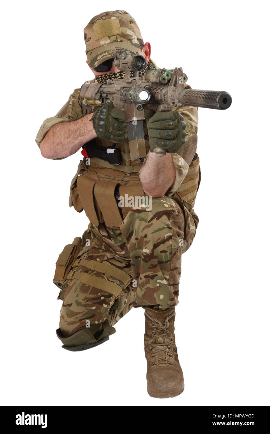 special forces operator with assault rifle on white background Stock ...
