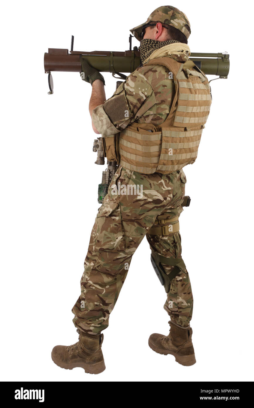 Private Military Company operator with RPG rocket launcher isolated on ...