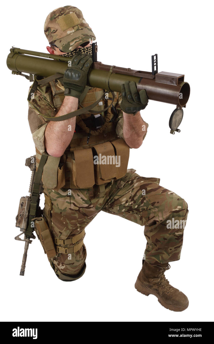 Private Military Company operator with RPG rocket launcher isolated on ...