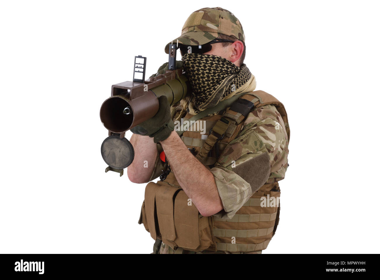 Private Military Company operator with RPG rocket launcher isolated on ...