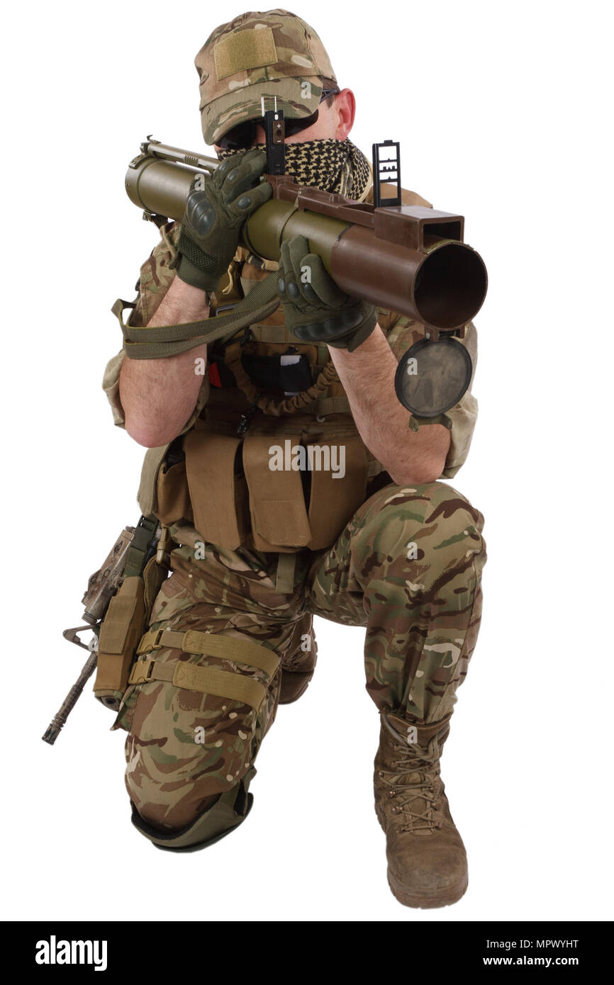 Private Military Company operator with RPG rocket launcher isolated on ...