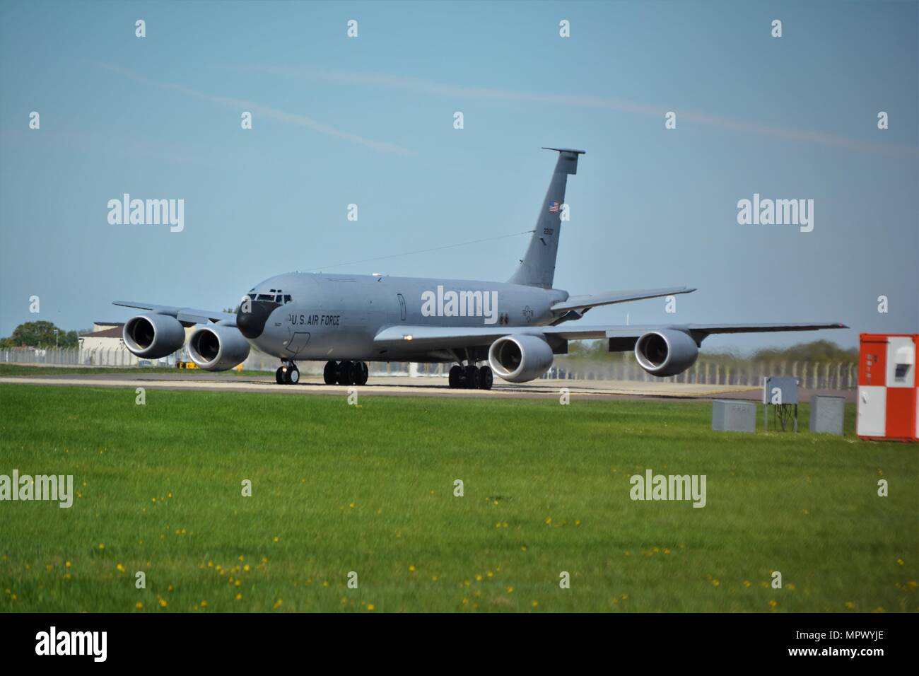 K C 135 tanker aircraft preparing to take off at R A F Mildenhall ...