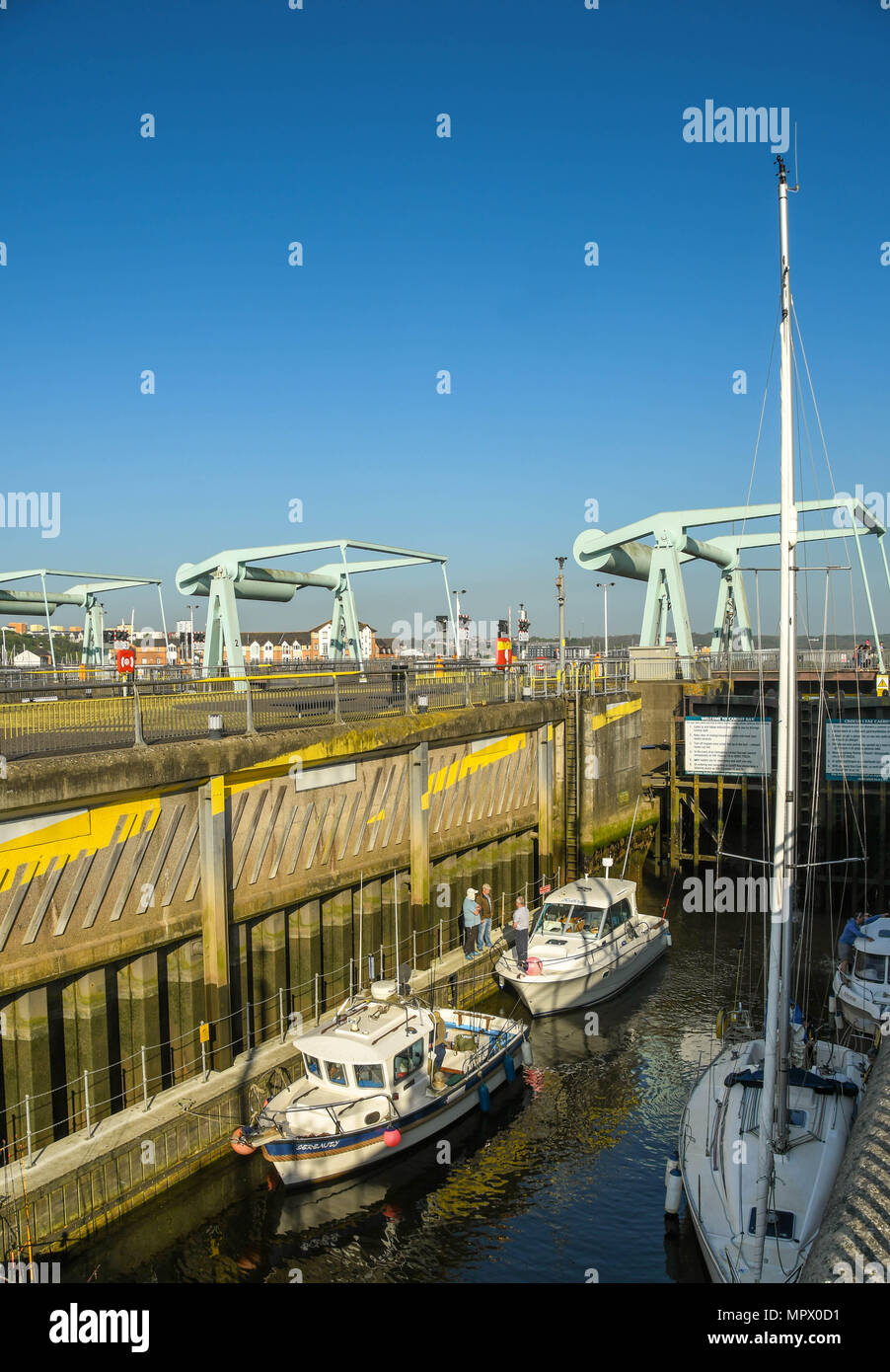 Small,boats in one of the locks which are part of the Cardiff Bay ...