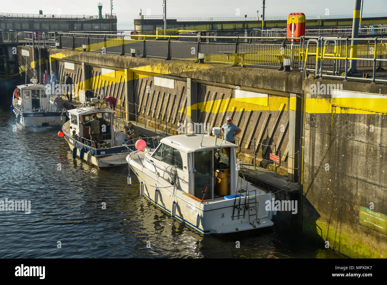 Small,boats in one of the locks which are part of the Cardiff Bay ...