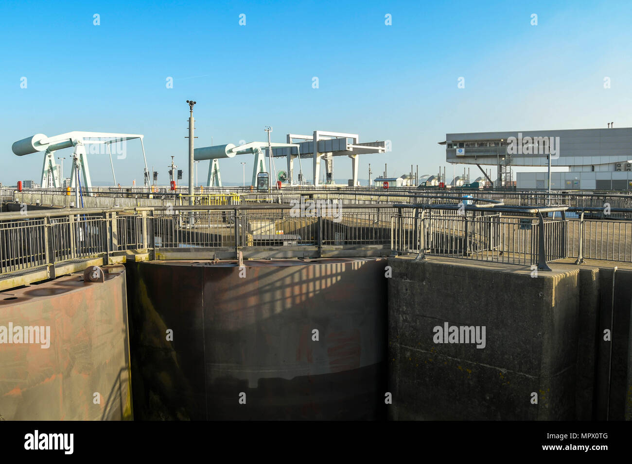 Wide angle view of the entrance to one of the locks on the Cardiff Bay ...