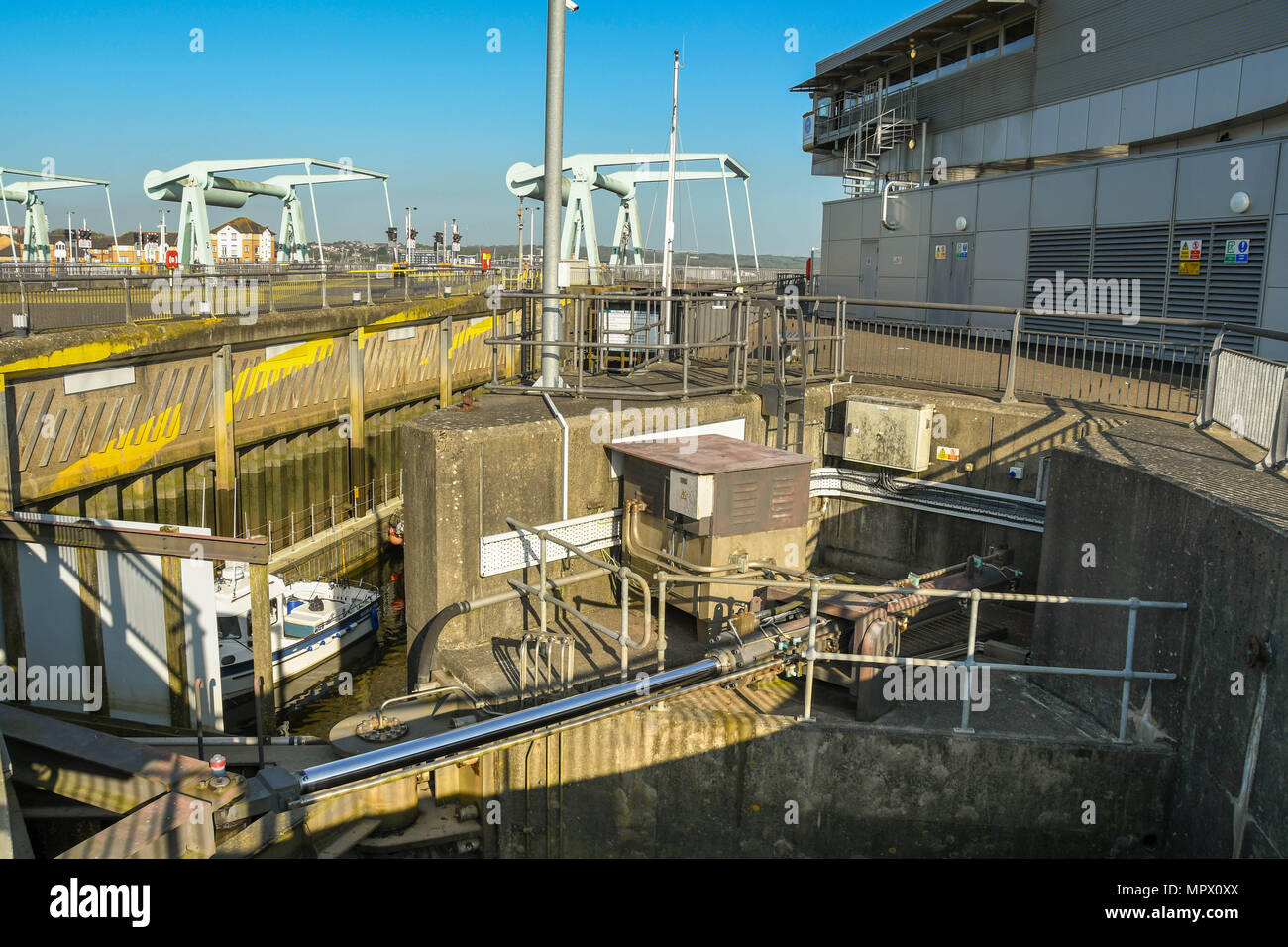 Wide angle view of the hydraulic operating mechanism for one of the ...