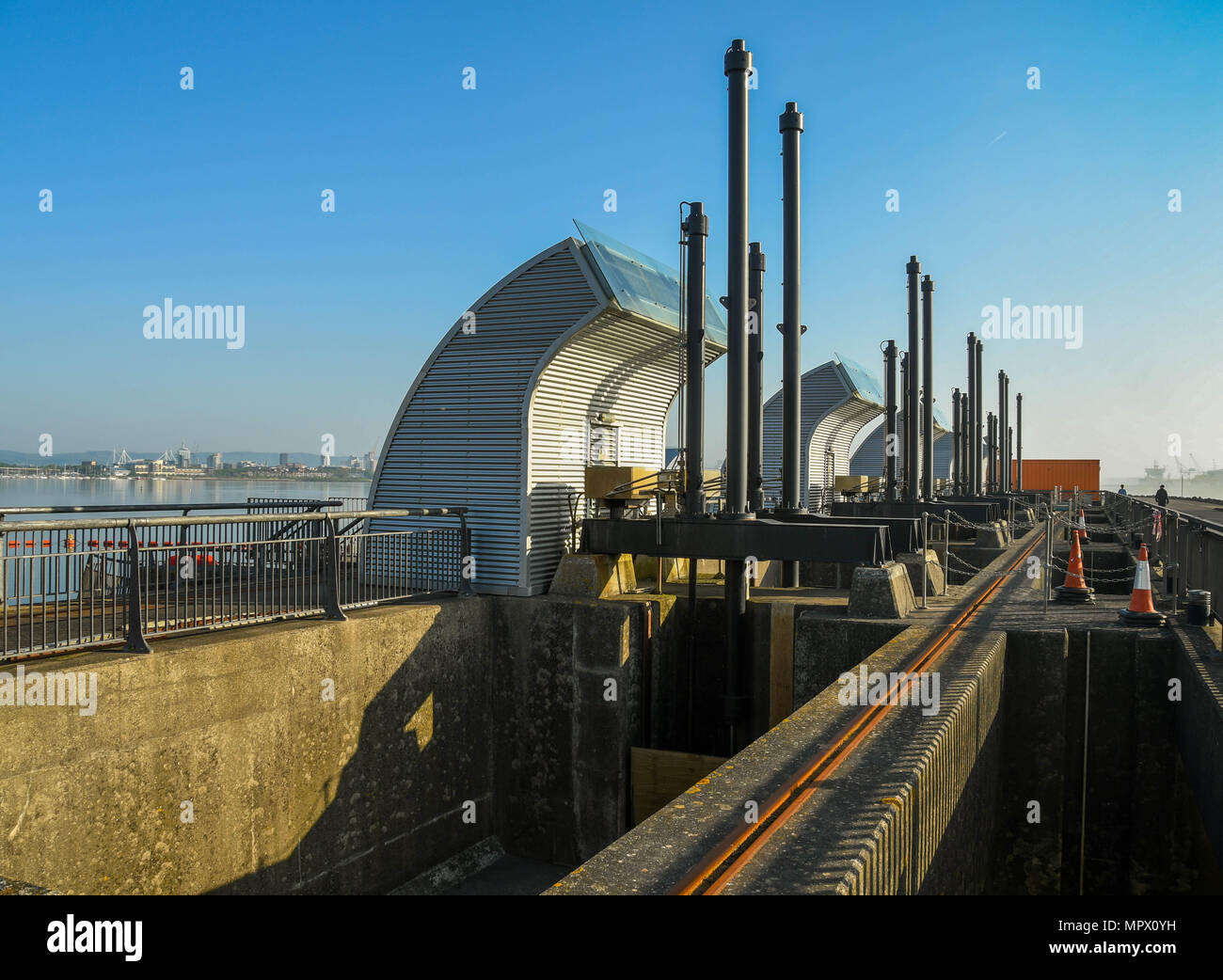 Structures of the sluice gates on the Cardiff Bay barrage Stock Photo ...