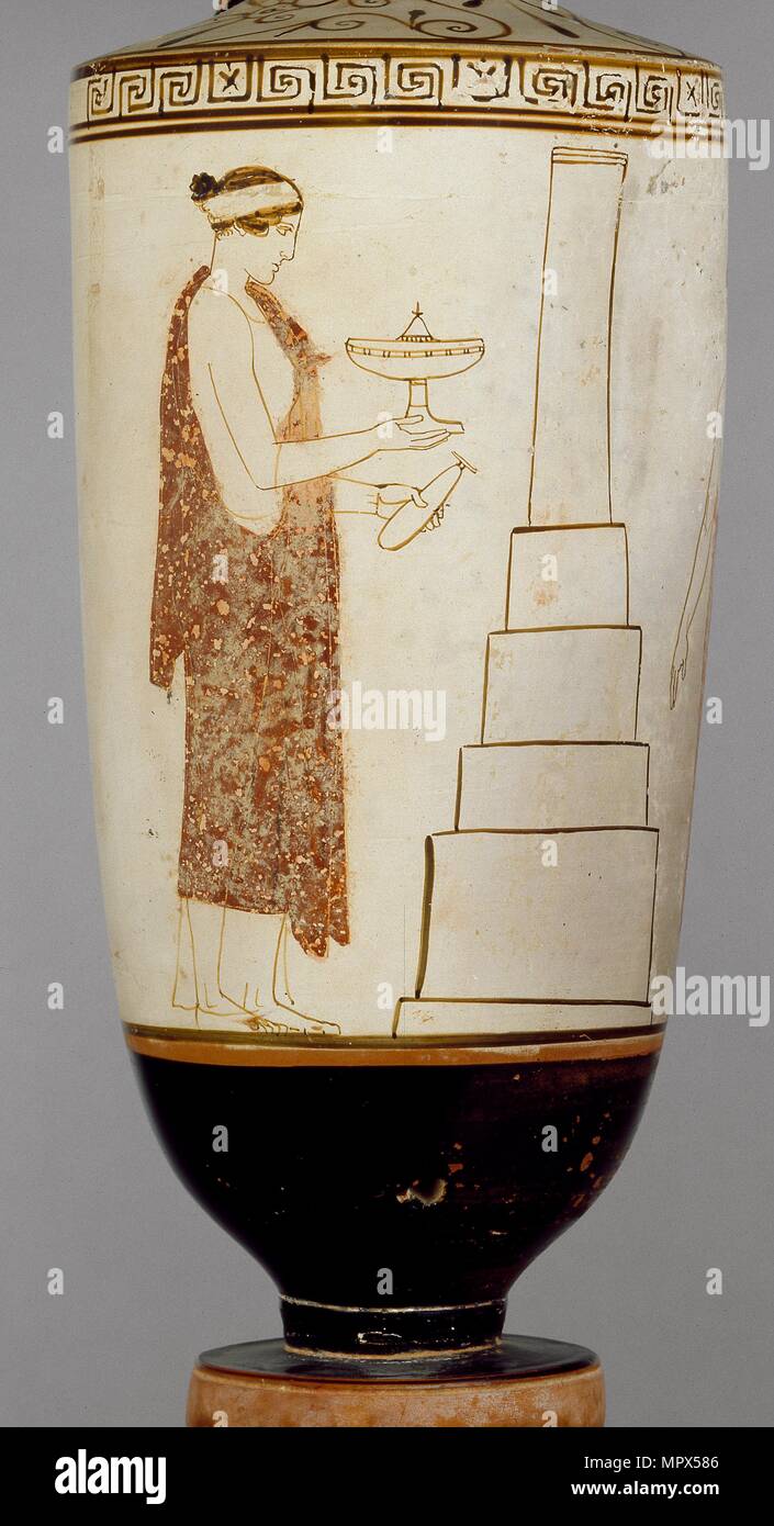 Attic white-ground lekythos showing a woman and youth at a tomb, 5th ...
