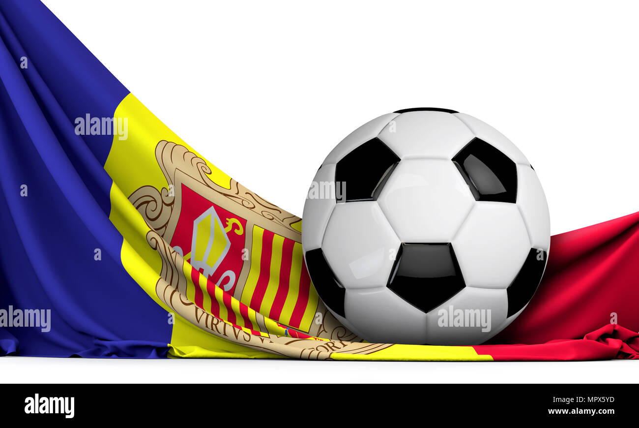 Soccer ball on the flag of Andorra. Football background. 3D Rendering ...