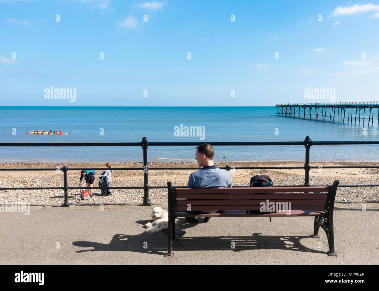 View over beach and Victorian pier at Saltburn by the sea, North ...