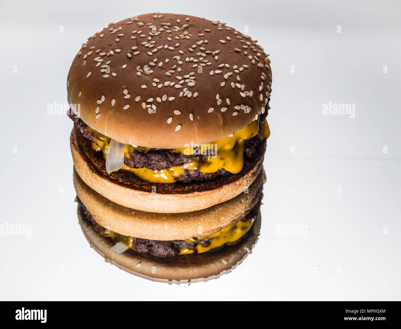 double pattie hamburger on mirror Stock Photo - Alamy