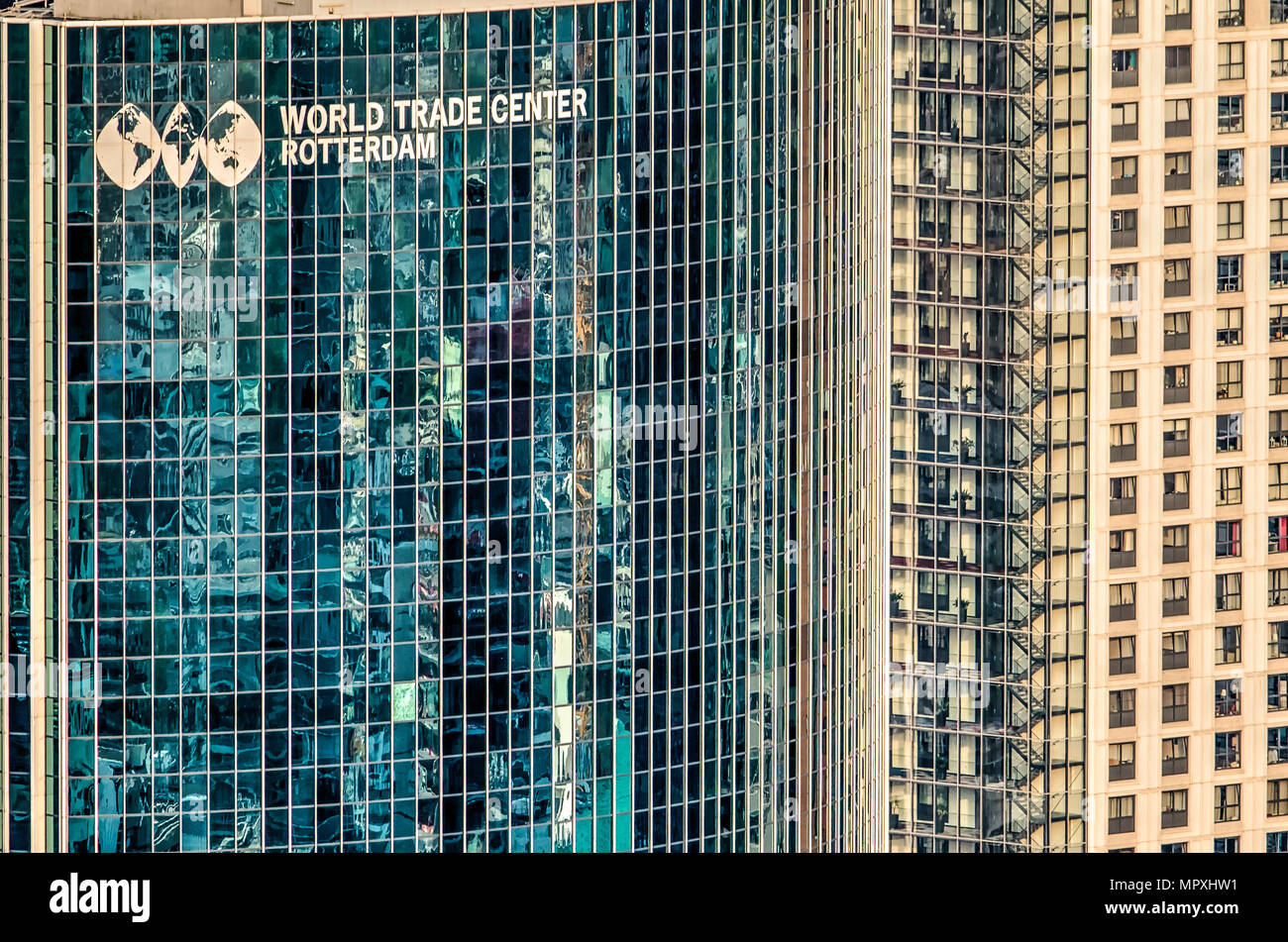 Rotterdam, The Netherlands, May 11, 2018: the curved green glass facade ...