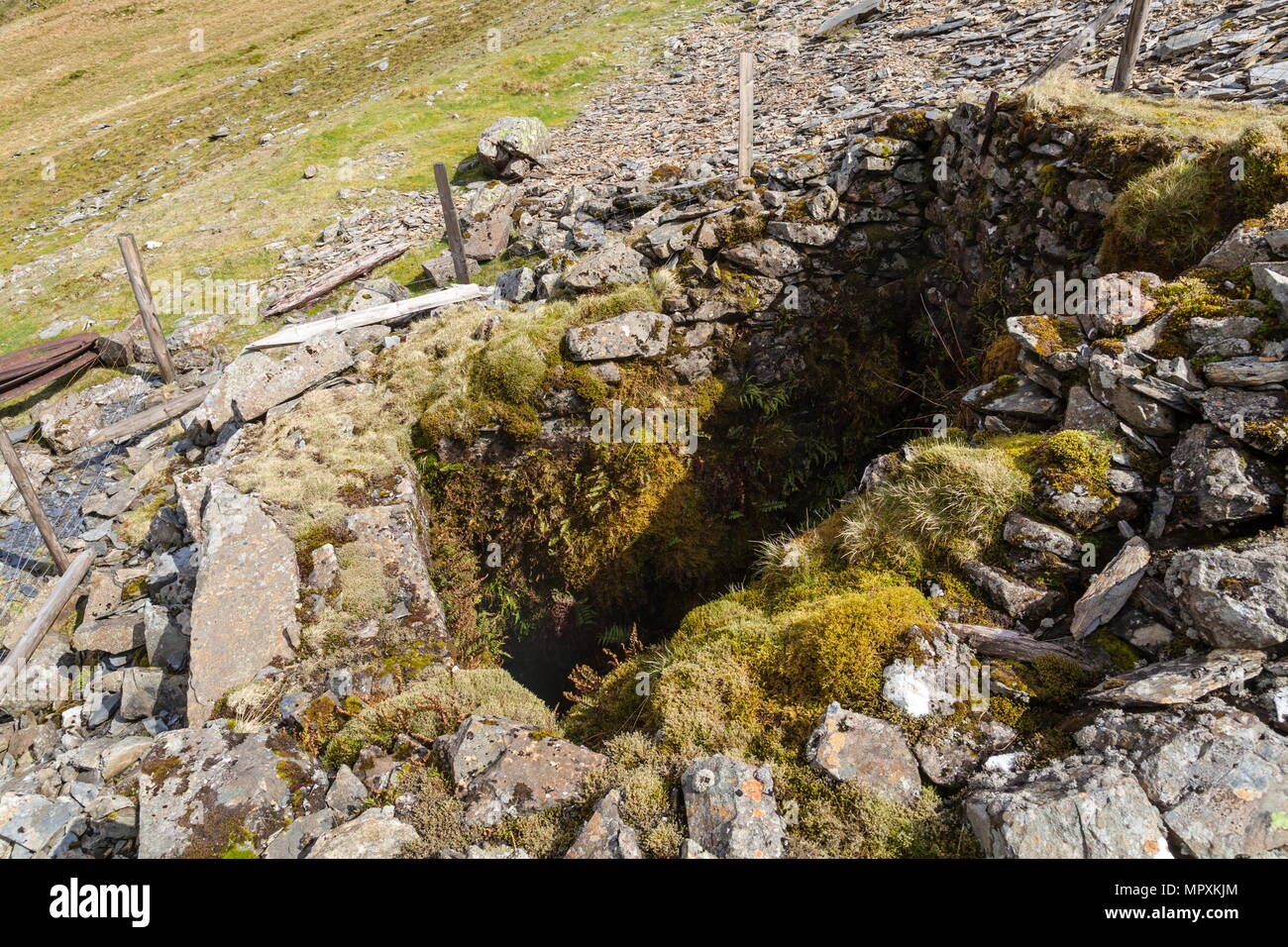 An old disused open shaft on the side of Moelwyn Mawr. The shaft sits ...