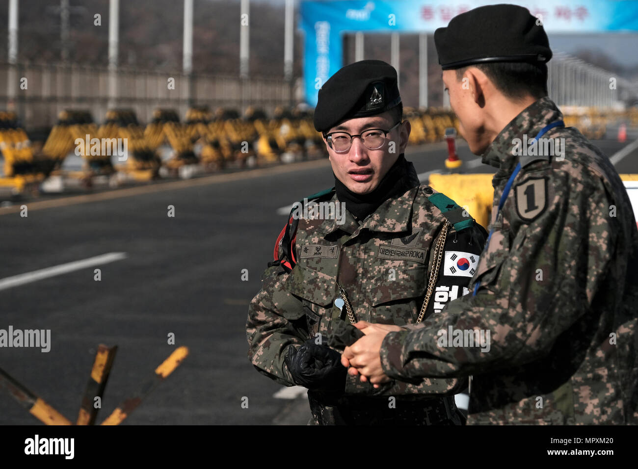 South Korean Military police officers stand guard at a checkpoint at ...