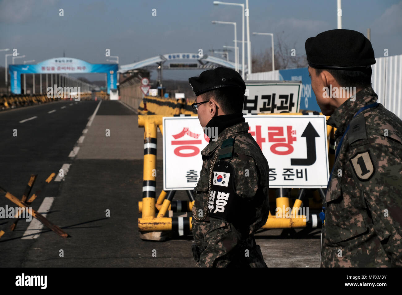 South Korean Military police officers stand guard at a checkpoint at ...