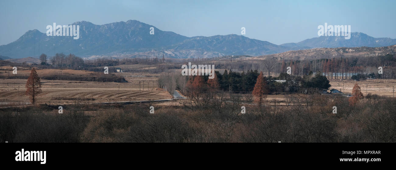 Panoramic view of the outskirts of the North Korean village of ...