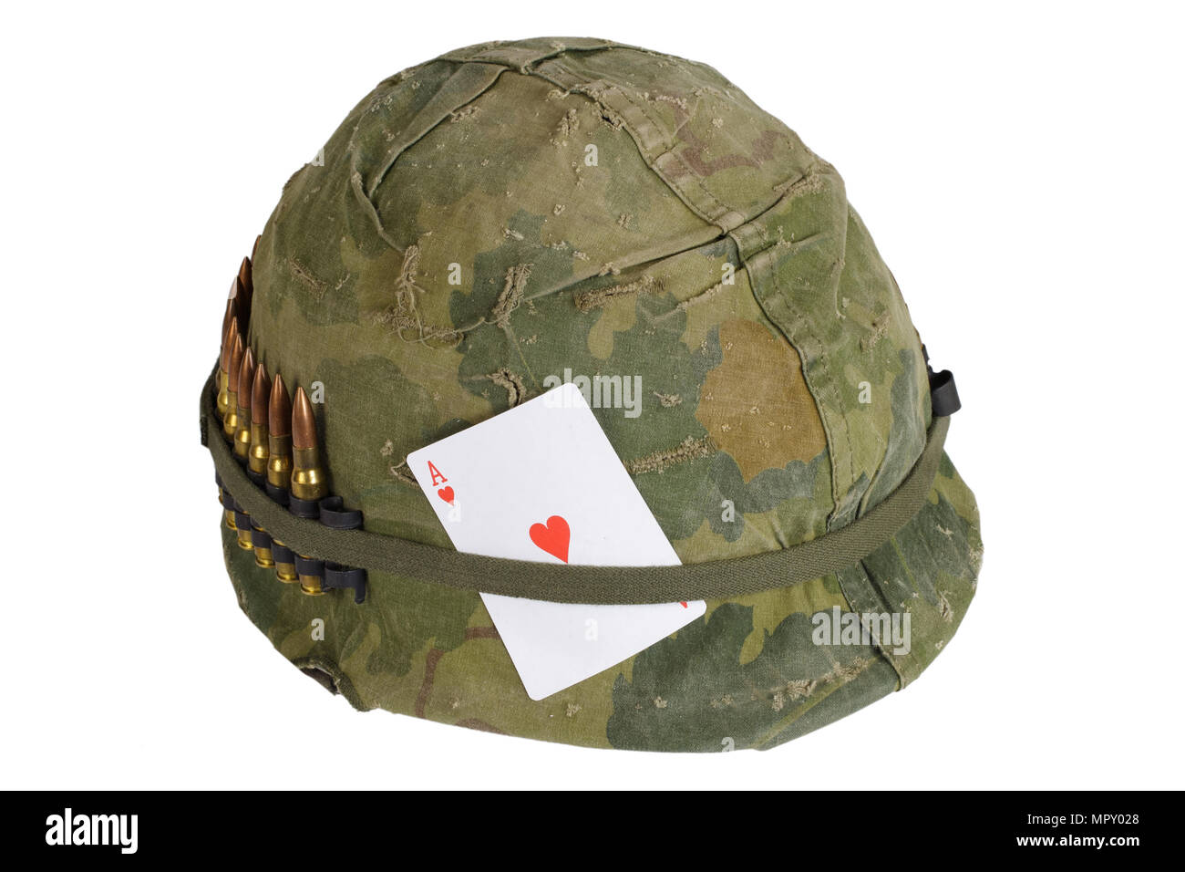 US Army helmet Vietnam war period with camouflage cover and ammo belt ...