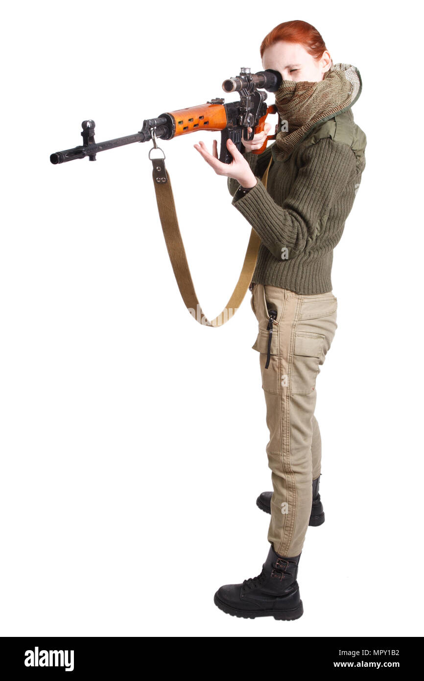 girl sniper with SVD sniper rifle isolated on white background Stock ...