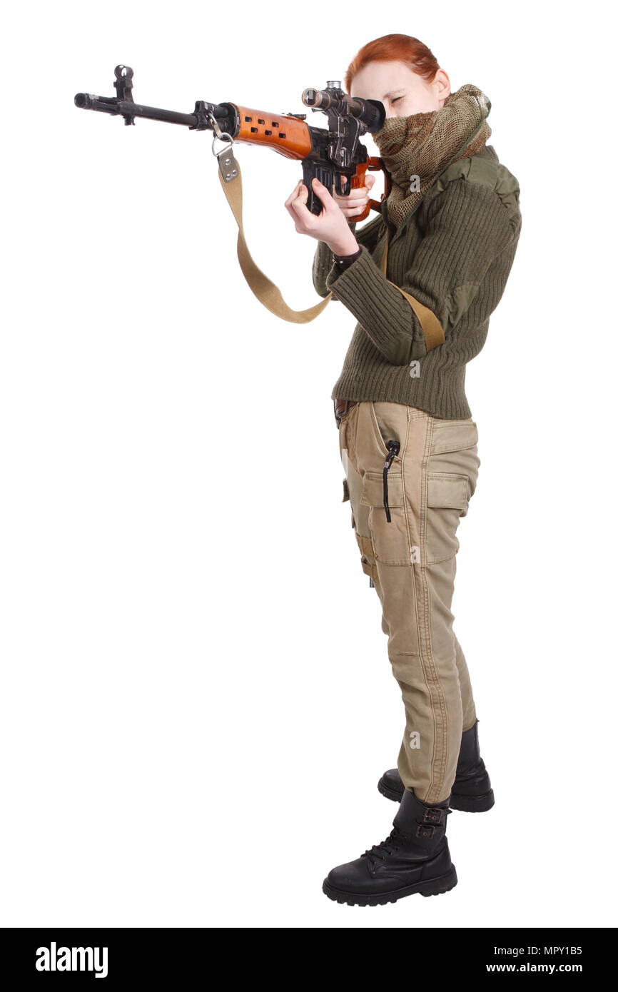 girl sniper with SVD sniper rifle isolated on white background Stock ...