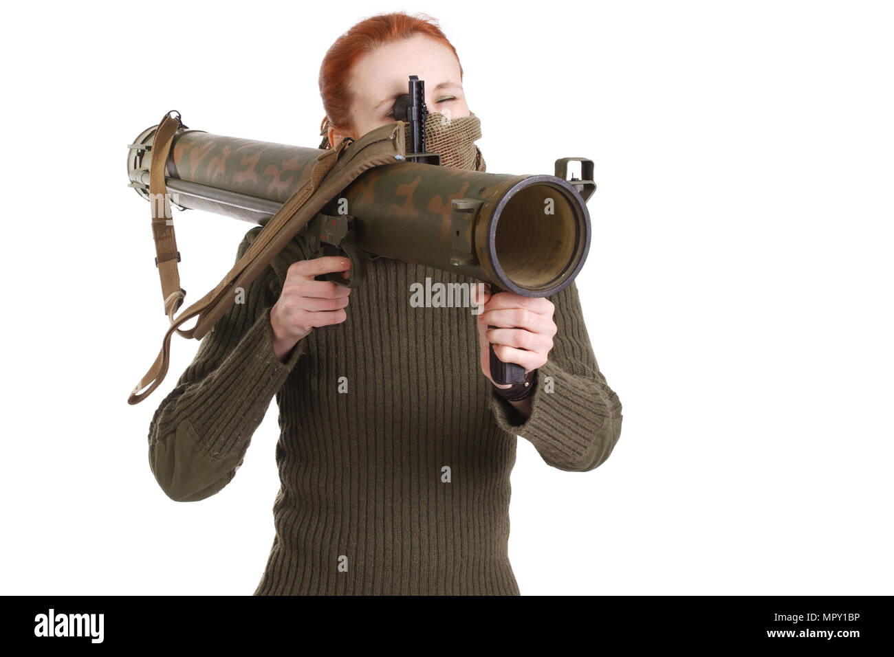 girl mercenary with RPG rocket launcher isolated on white Stock Photo ...