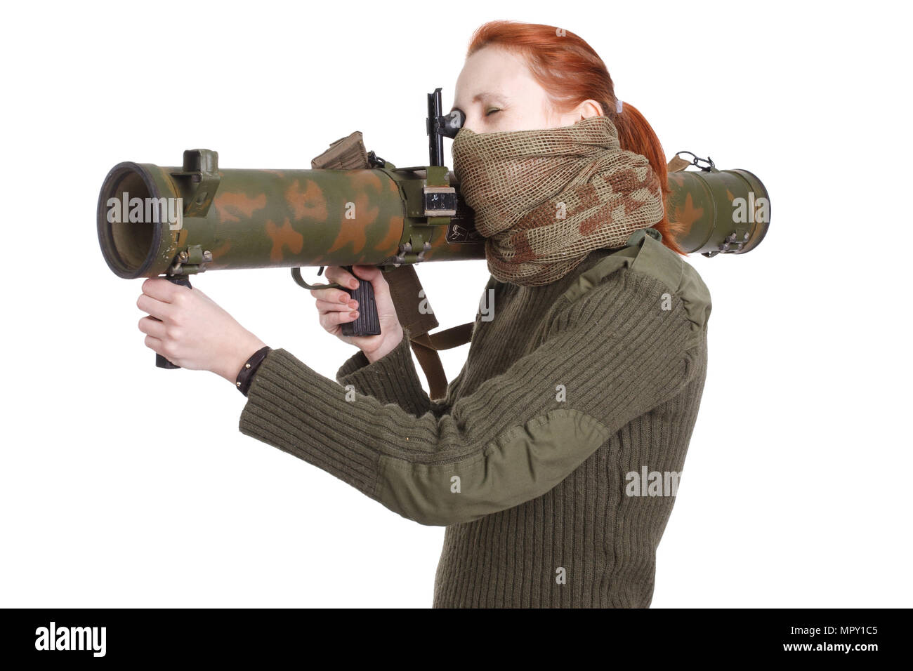 girl mercenary with RPG rocket launcher isolated on white Stock Photo ...