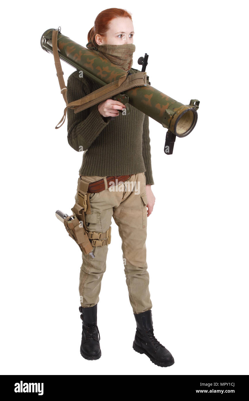 girl mercenary with RPG rocket launcher isolated on white Stock Photo ...