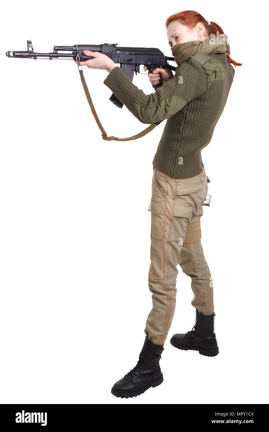 girl mercenary with ak-47 rifle with kalashnikov rifle isolated on ...