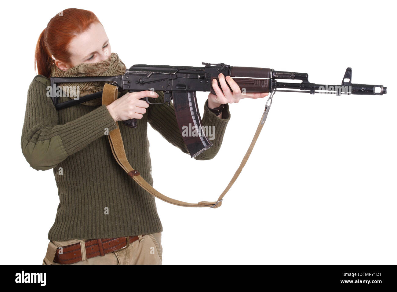 girl mercenary with ak-47 rifle with kalashnikov rifle isolated on ...
