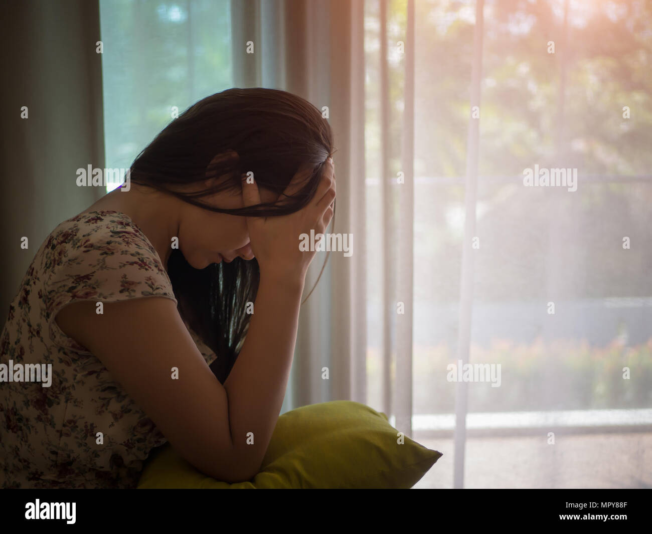 Closeup Depressed Woman Crying While Sitting Alone On The Floor Sad