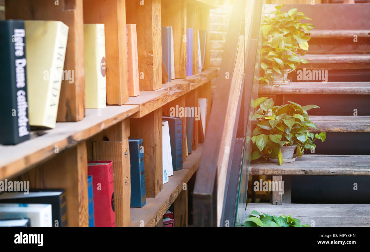 bookshelf in the coffee shop library corner. Education concept Stock ...