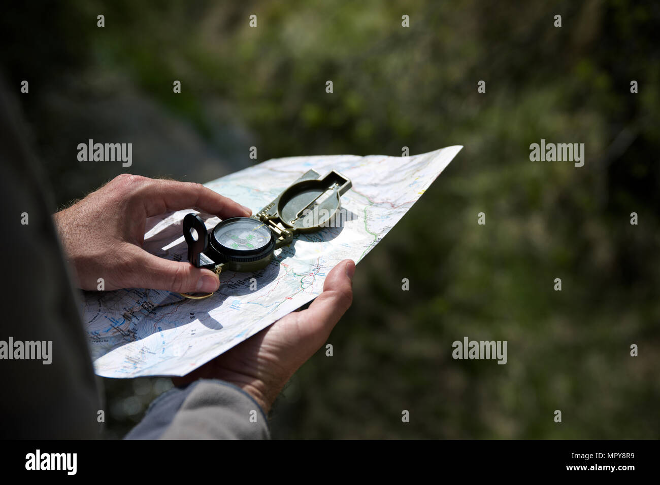 Cropped hands of male hiker holding navigational compass with map in ...