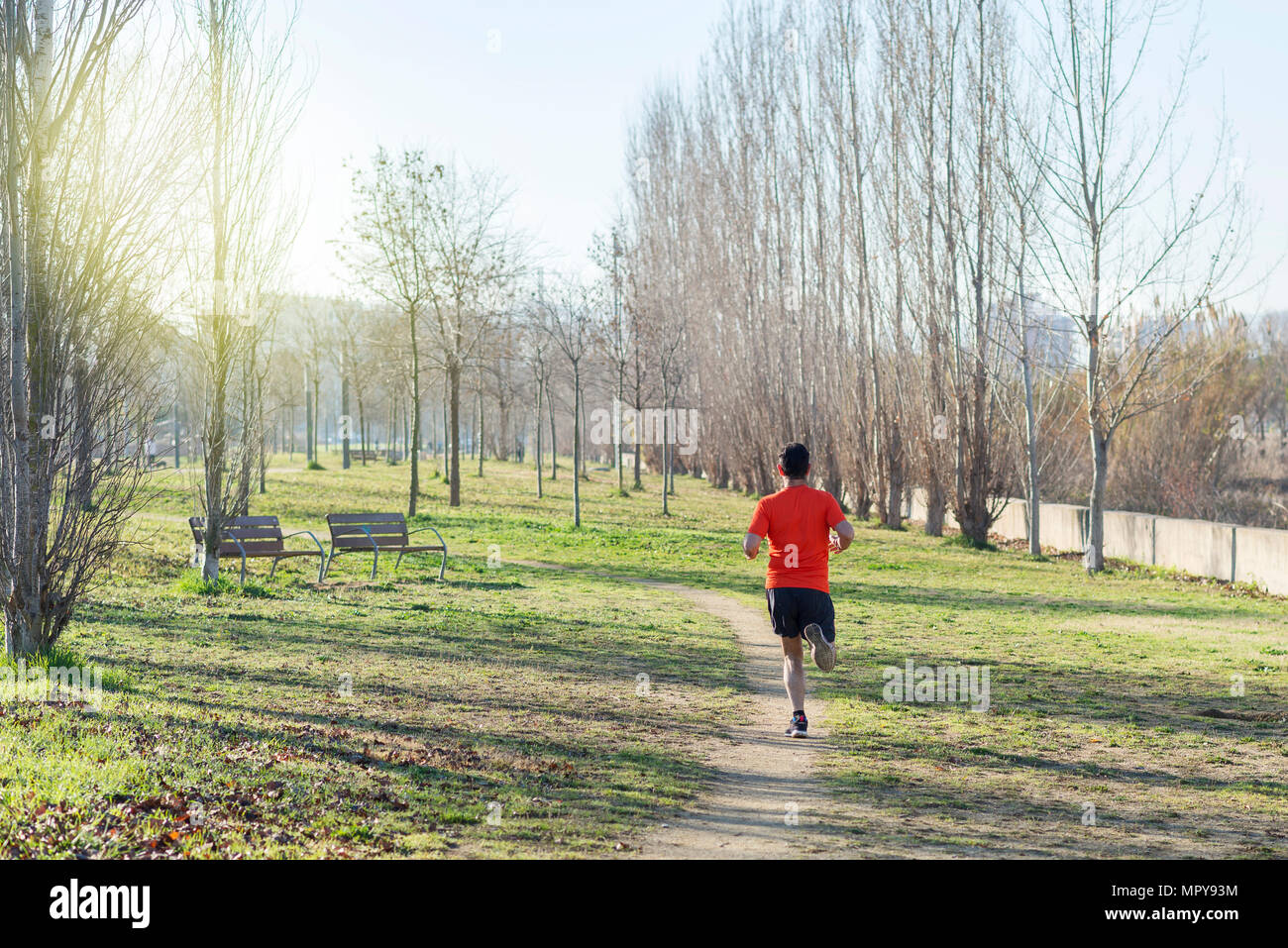 Rear view of man running while exercising against bare trees at park ...