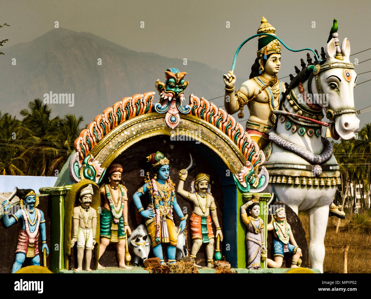 Details of statues on a small Hindu temple in Indian small village ...