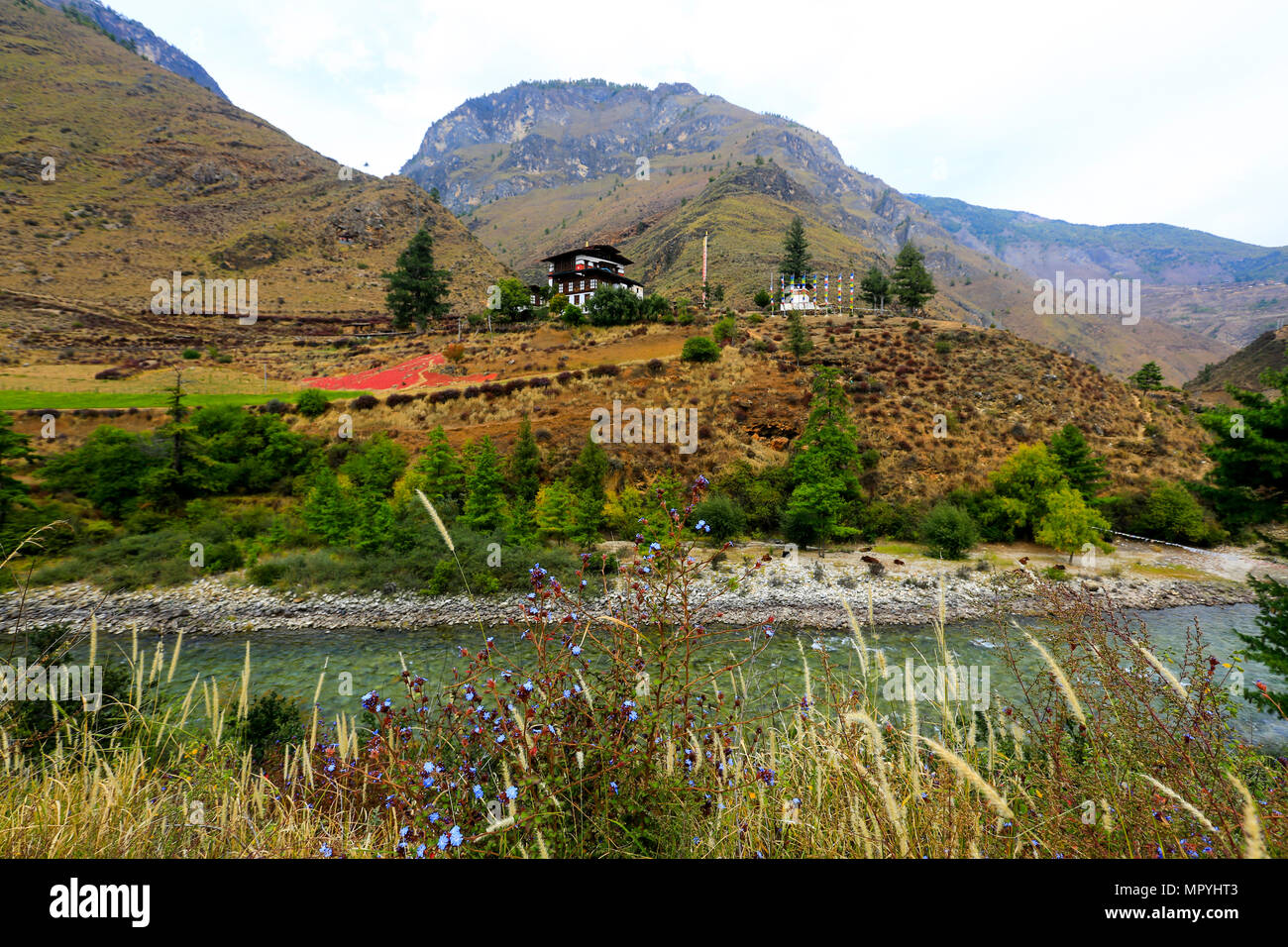 Paro Chhu or Paro River beside the mountain at Paro in Bhutan Stock ...