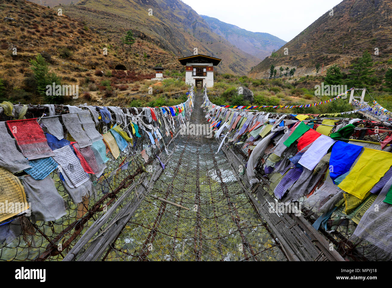 Iron Suspension Bridge on Paro River (Paro Chhu) on the way to Thimphu ...