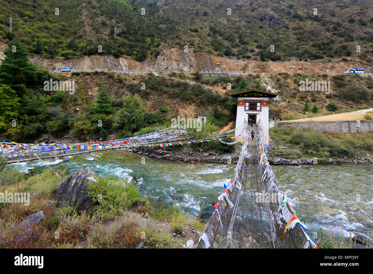 Iron Suspension Bridge on Paro River (Paro Chhu) on the way to Thimphu ...