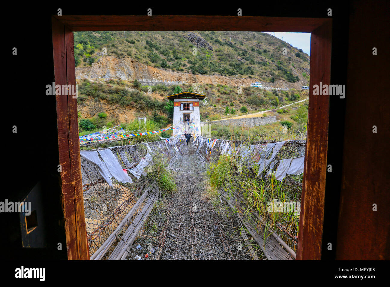 Iron Suspension Bridge on Paro River (Paro Chhu) on the way to Thimphu ...