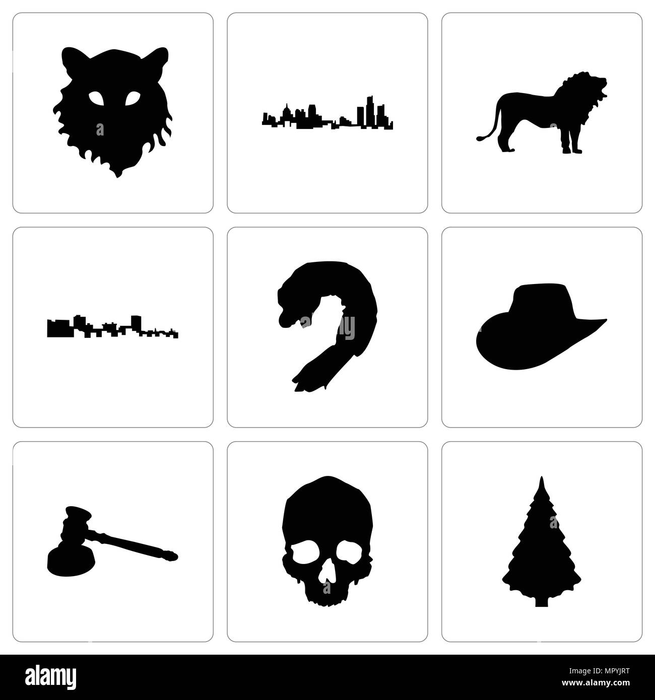 Set Of 9 simple editable icons such as christmas tree, skull, gavel ...