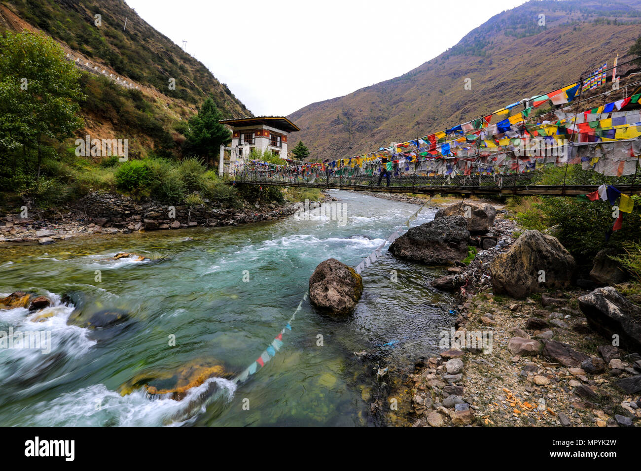 Iron Suspension Bridge on Paro River (Paro Chhu) on the way to Thimphu ...