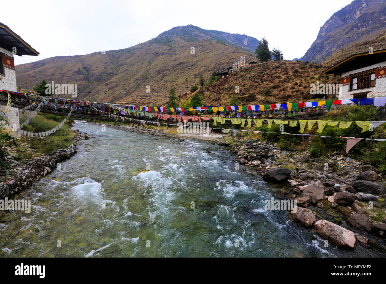 Iron Suspension Bridge on Paro River (Paro Chhu) on the way to Thimphu ...
