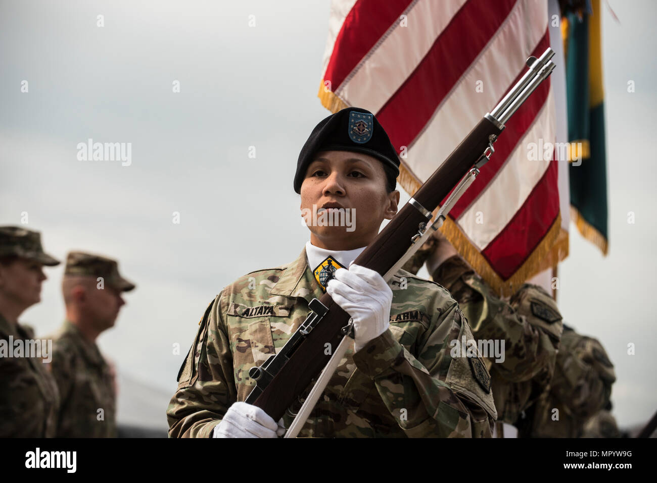 Staff Sgt. Grace Altaya leads the HRC Honor Guard during a change of ...