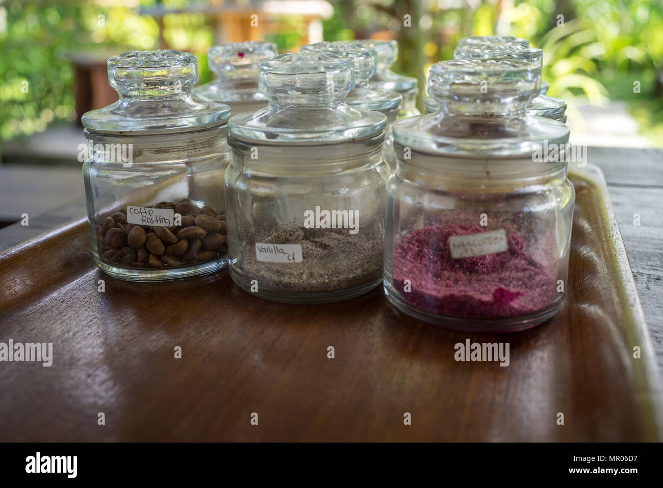 Different typical balinese teas and coffes in jars, Tegenungan, Bali ...