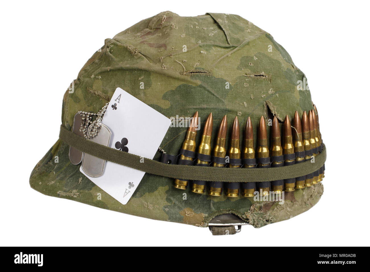 US Army helmet Vietnam war period with camouflage cover and ammo belt ...