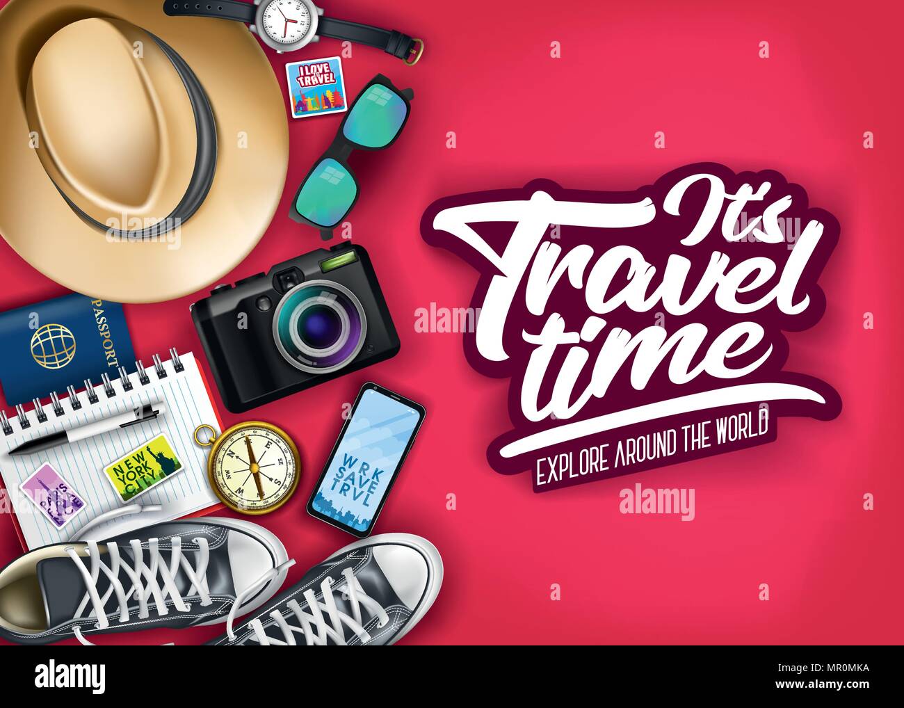It's Travel Time Typography with Realistic Hat, Passport, Camera, Phone ...