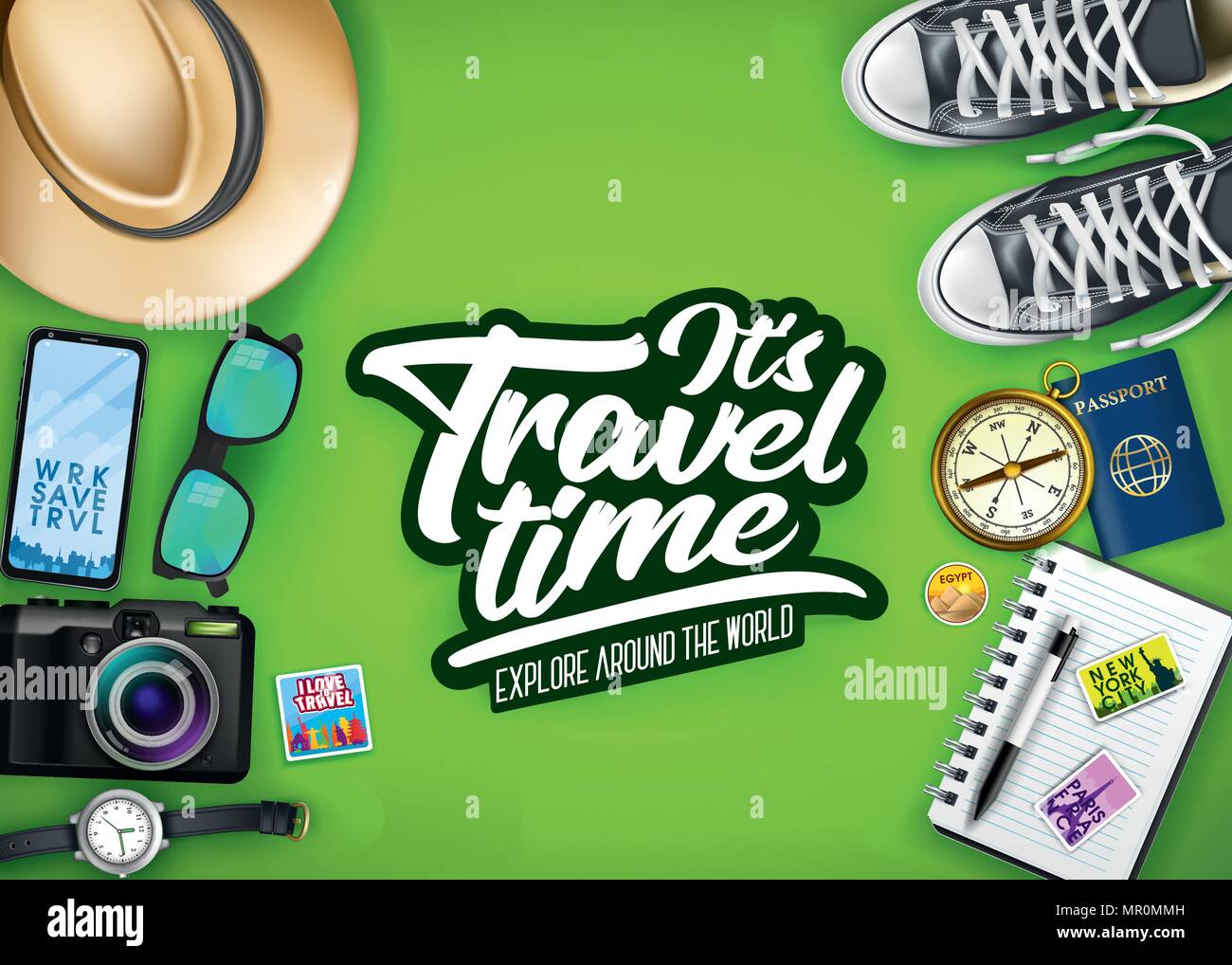 It's Travel Time Typography with Realistic Hat, Passport, Camera, Phone ...